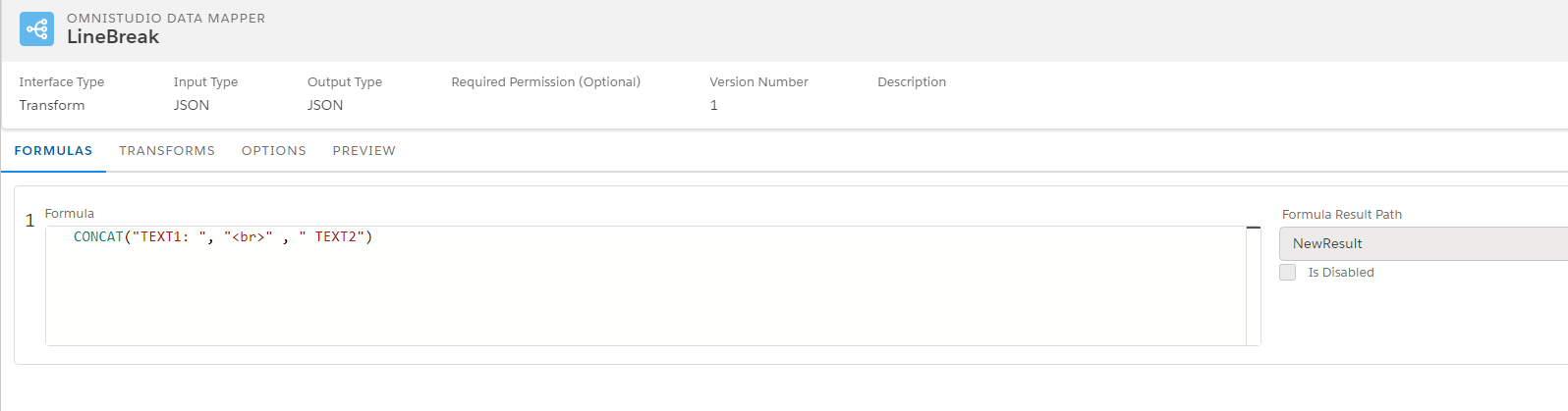 How to line break on dataraptor formula?